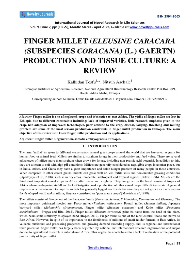 Finger Millet (Eleusine Caracara (Subspecies Coracana) (L.) Gaertn) Production and Tissue ...