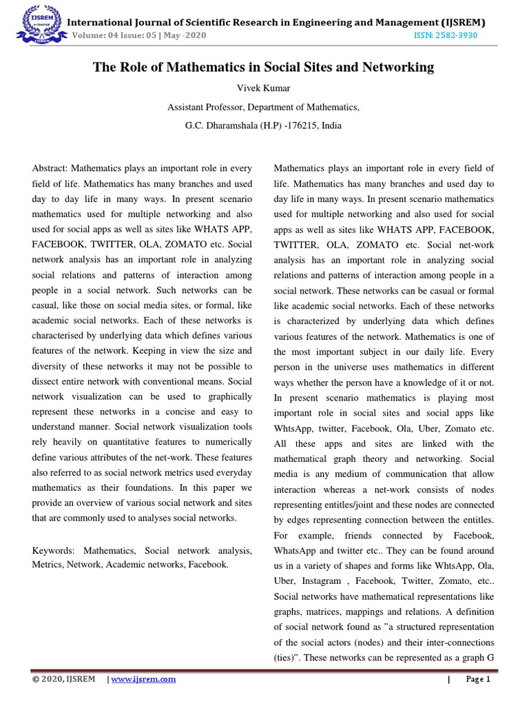The Role of Mathematics in Social Sites and Networking | PDF | Social ...