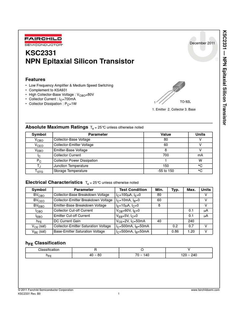 KSC2331 NPN Epitaxial Silicon Transistor: Features | PDF | Bipolar ...
