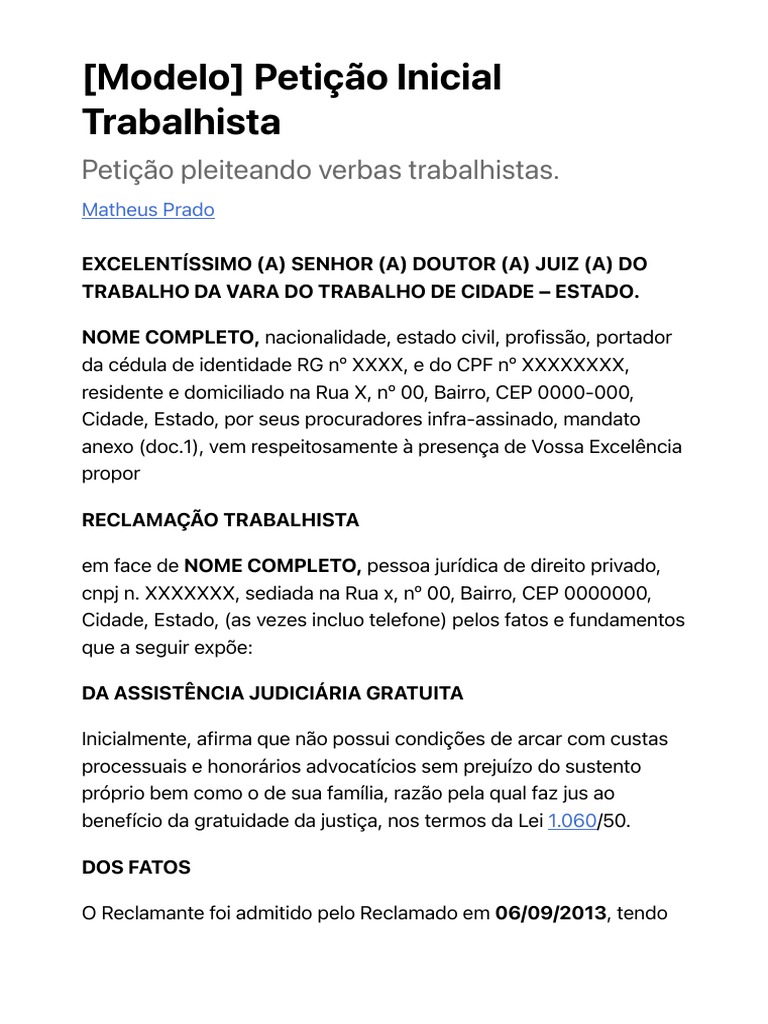 Modelo de Petição Inicial Trabalhista | PDF | Férias trabalhistas ...