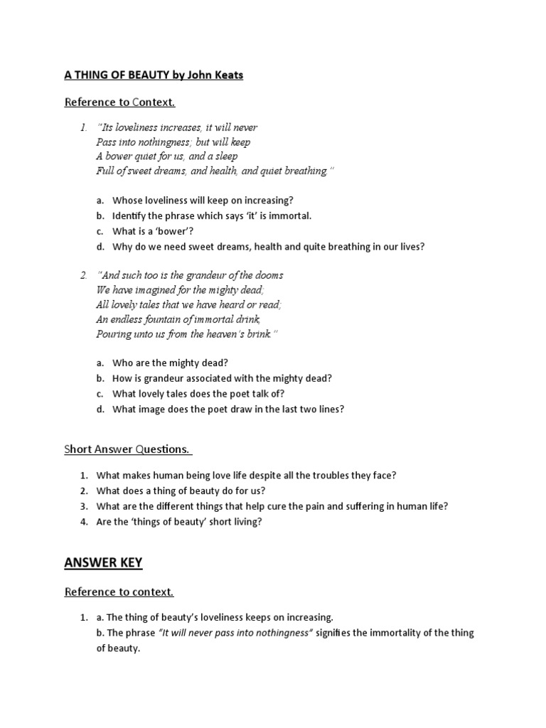 Reference To Context.: A Thing of Beauty by John Keats | PDF | Poetry