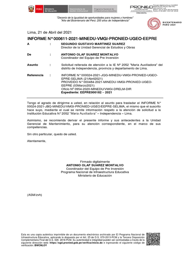 Informe-000611-2021-Minedu-Vmgi-Pronied-Ugeo-Eepre | PDF