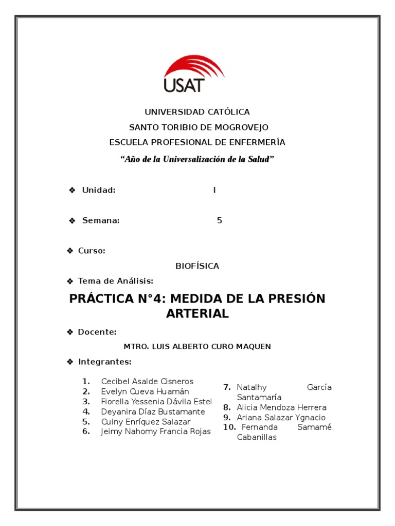 PR Ctica N 4 Medida de La Presi N Arterial | Descargar gratis PDF | Hipertensión | Presión sanguínea