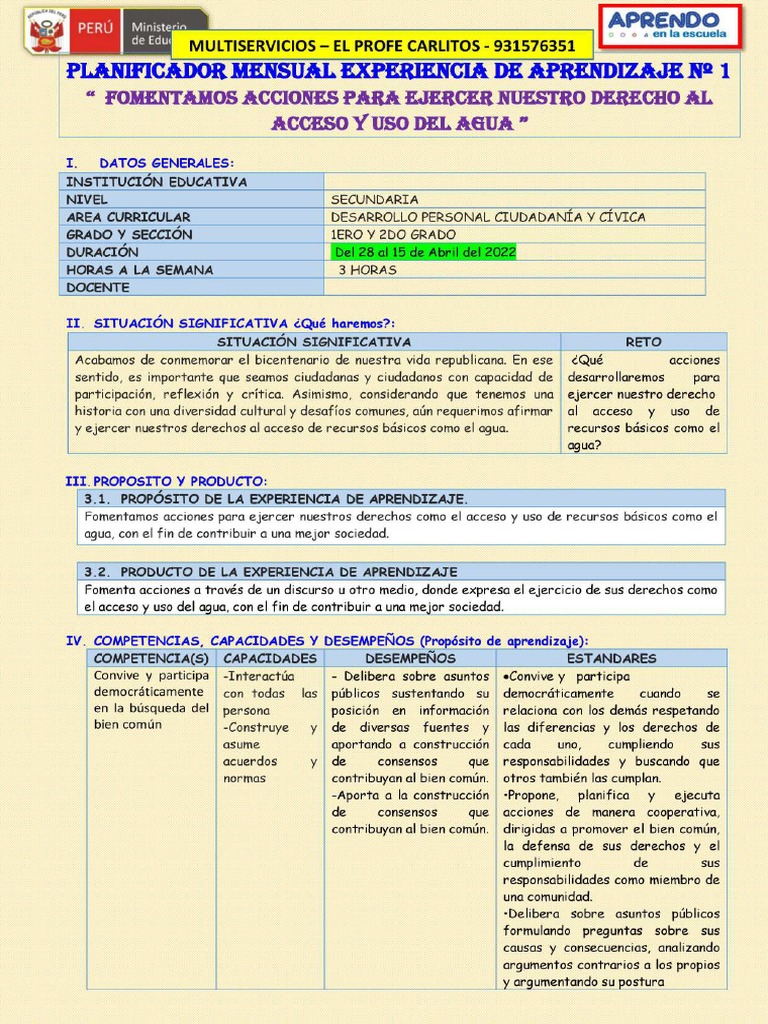 PLANIFICADOR DE LA EXPERIENCIA 1 - 1ero y 2do - DPCC - 2022 | PDF
