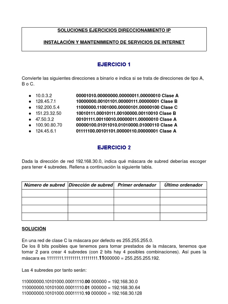 Soluciones Ejercicios Direccionamiento Ip | Dirección IP | Telecomunicaciones | Prueba gratuita ...