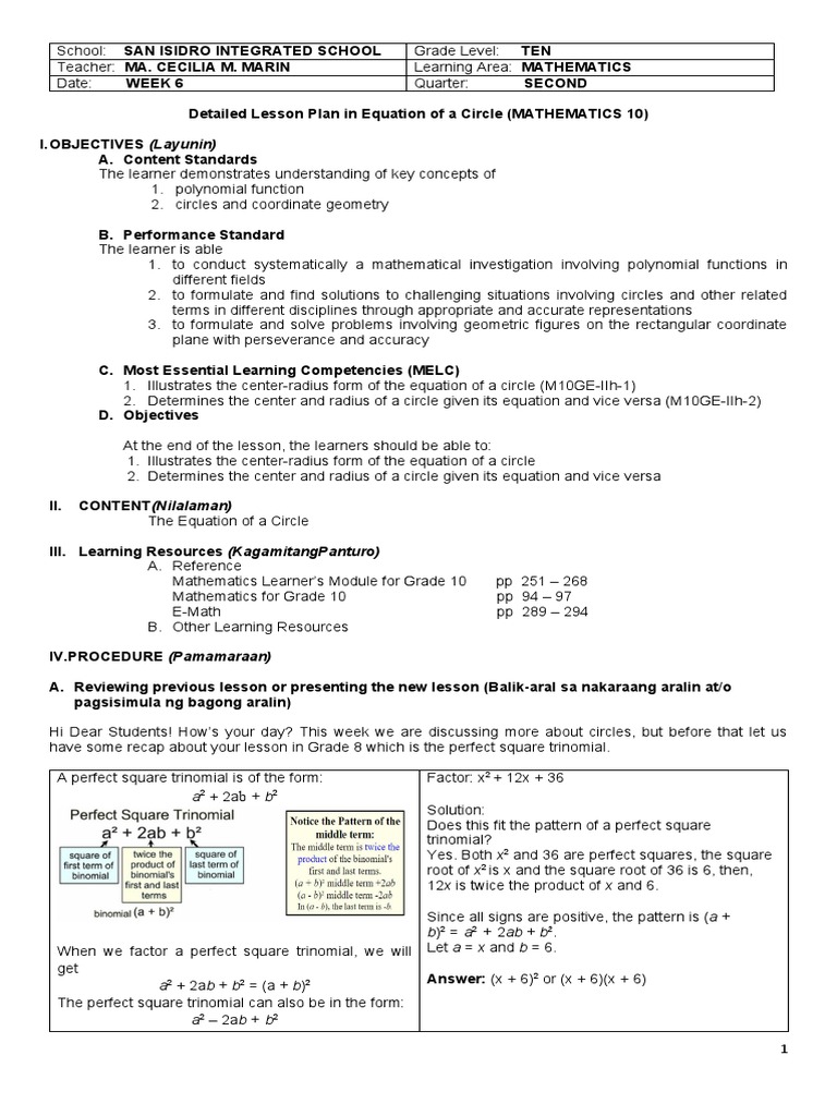 DLP g10 Math 2nd QTR Week 6 Final | PDF | Circle | Equations