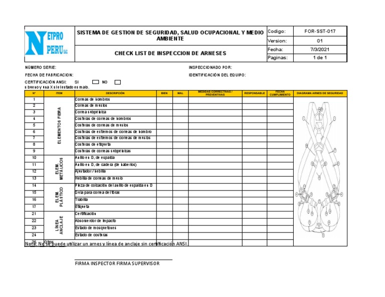 For-SST-017 Formulario de Check List de Inspeccion de Arnes Ver.01 | PDF