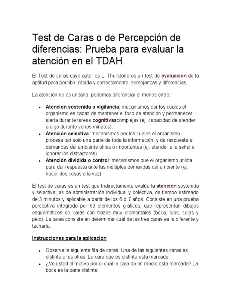 Test de Caras para Evaluar TDAH | PDF | Cognición | Ciencia cognitiva