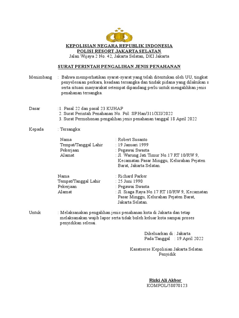 Surat Perintah Pengalihan Penahanan Jakarta | PDF