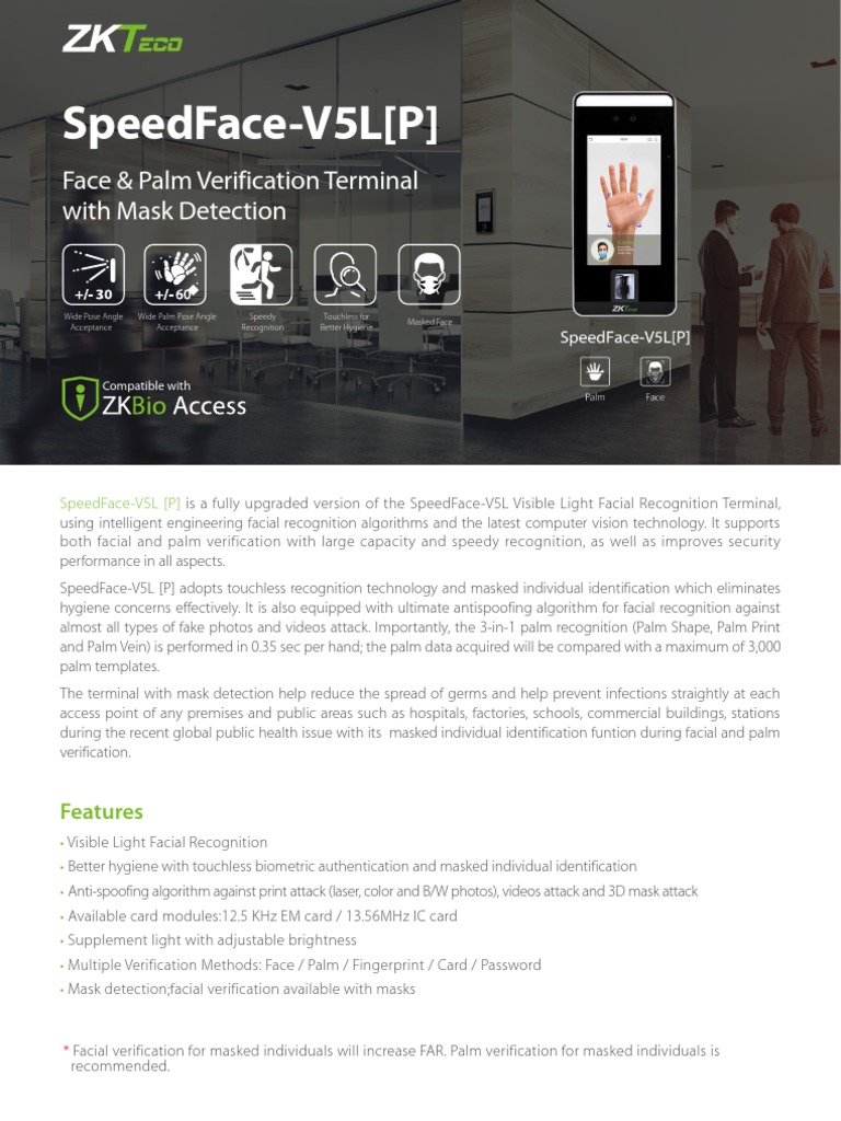 Speedface-V5L (P) : Face & Palm Verification Terminal With Mask Detection | PDF | Authentication ...