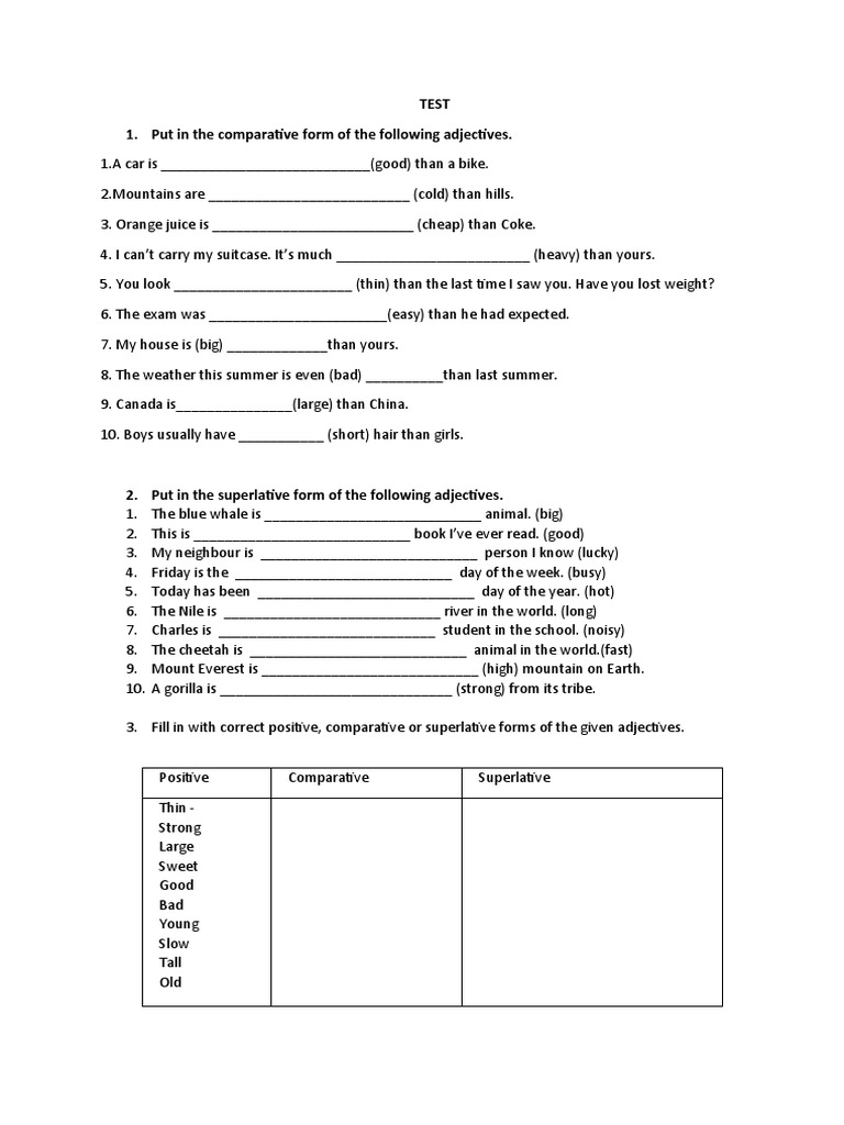 Test 1. Put in The Comparative Form of The Following Adjectives | PDF ...