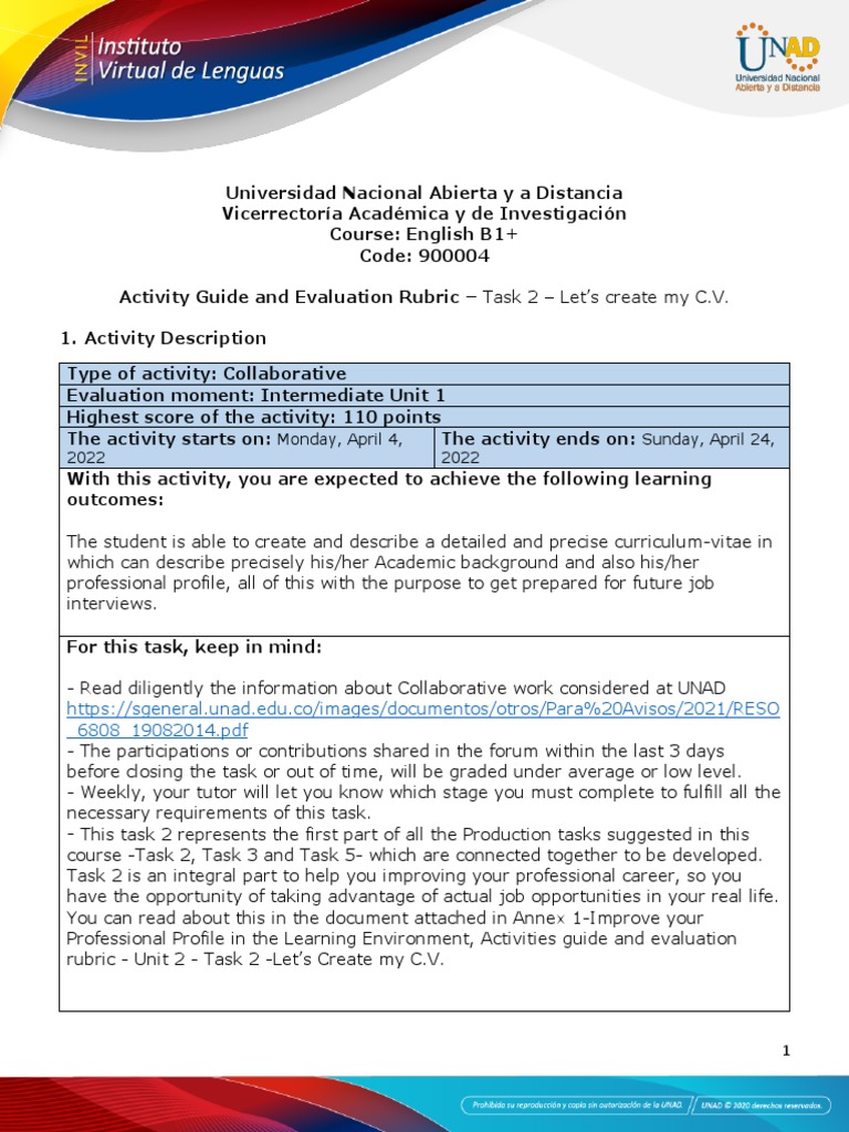 Activities Guide and Evaluation Rubric - Unit 1 - Task 2 - Lets Create ...