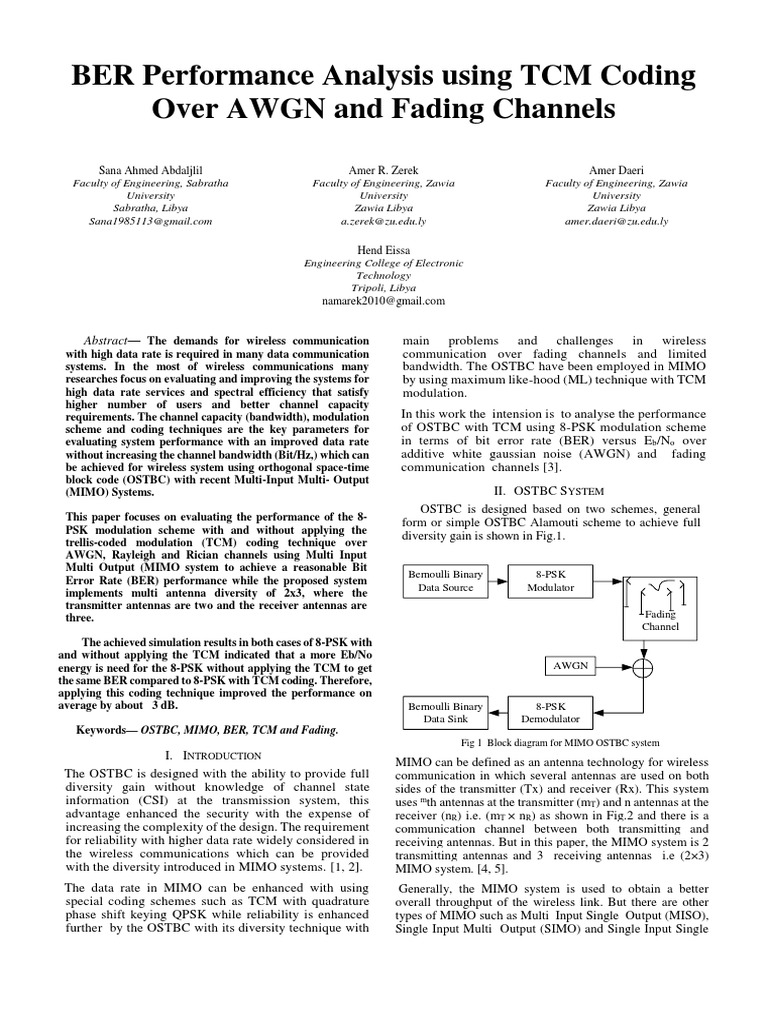 BER Performance Analysis Using TCM Coding Over AWGN and Fading Channels | PDF | Mimo | Modulation