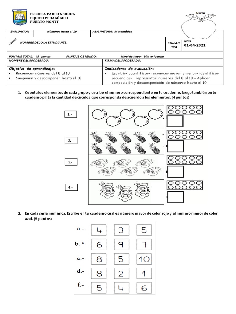 Prueba de Matematicas Numeros de 1 A 10 01.04.2021 | PDF