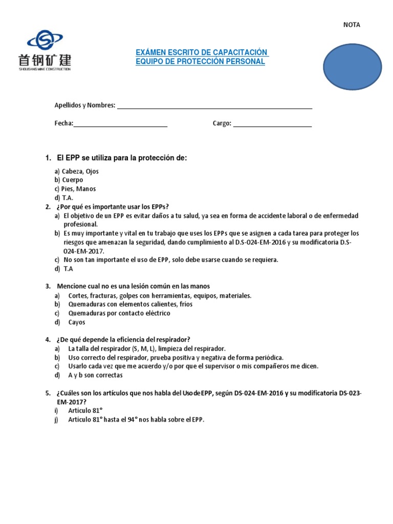 Examen Uso de Epp S | PDF