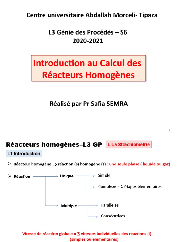 Cours Réacteurs Homogènes 1ère Partie-1 | PDF | Réacteur (chimie ...