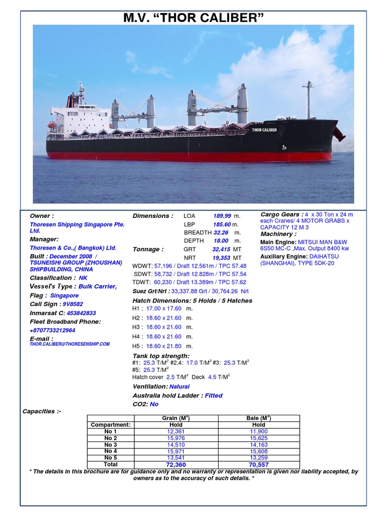 M.V. "Thor Caliber": Bulk Carrier | PDF | Tonnage | Shipping