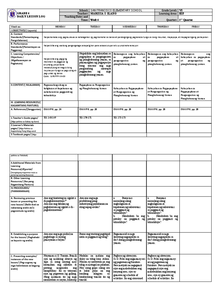 Grade 6 DLL Esp 6 q3 Week 6 | PDF