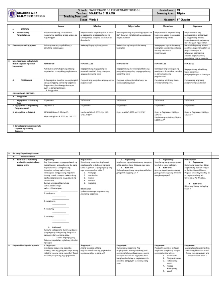 Grade 6 DLL Filipino 6 q3 Week 6 | PDF