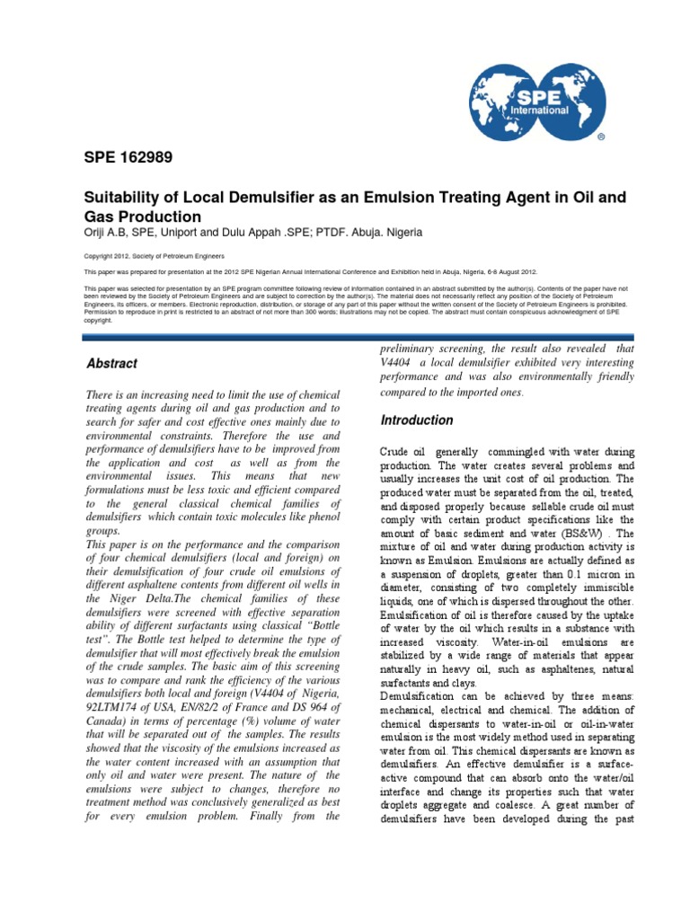 Suitability of Local Demulsifier As An Emulsion Treating Agent in Oil ...