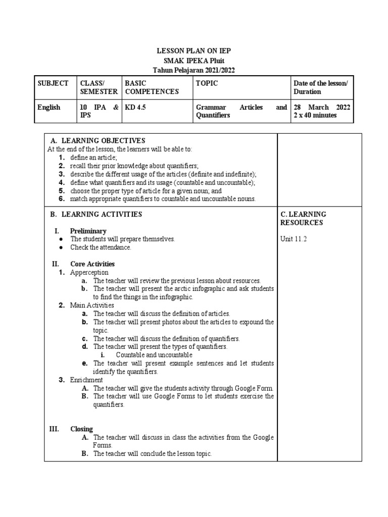 HUYO - Grammar Articles and Quantifiers | PDF | Teachers | Lesson Plan