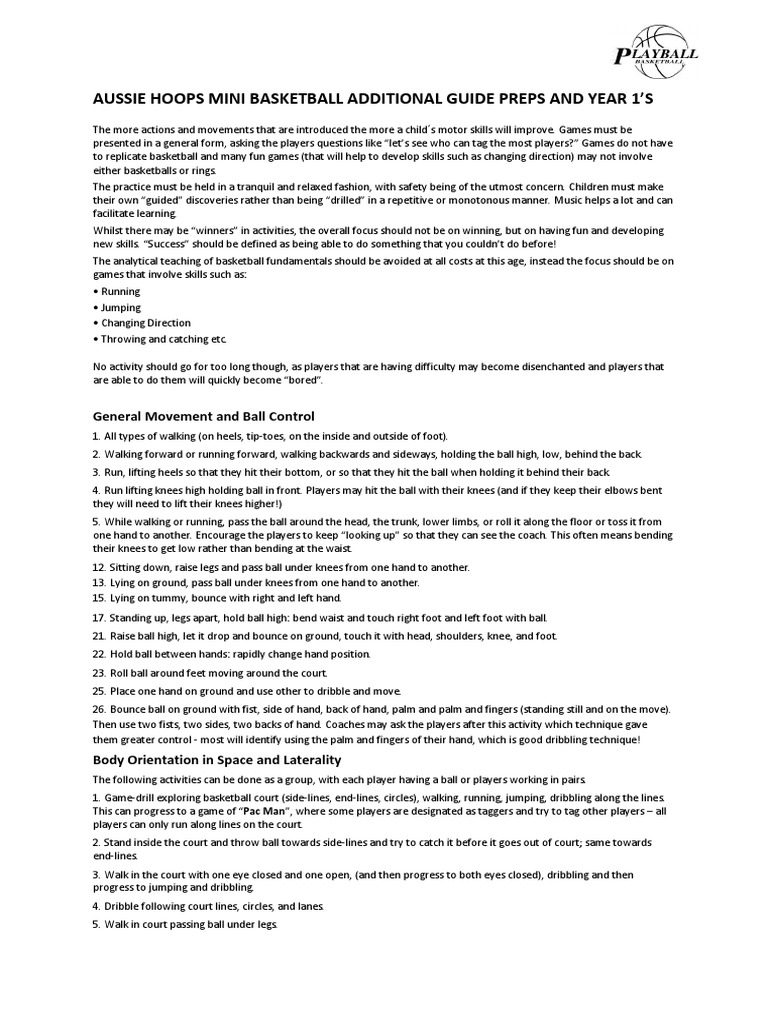 Aussie Hoops Mini Basketball Additional Guide Preps and Year 1'S | PDF ...