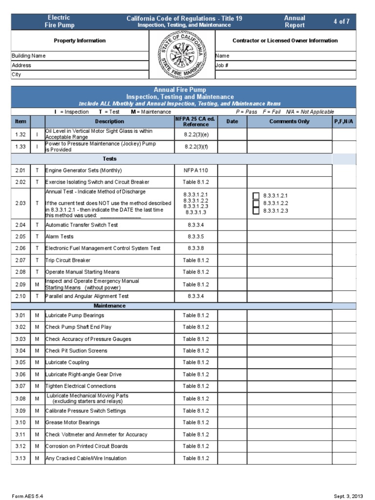 NFPA 25 Form AES 5.4 ITM Electric Fire Pump Annual 2013 - 4 of 7 | PDF ...
