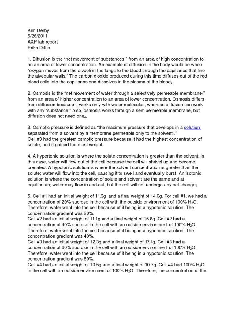 A&P lab report | Osmosis | Chemistry