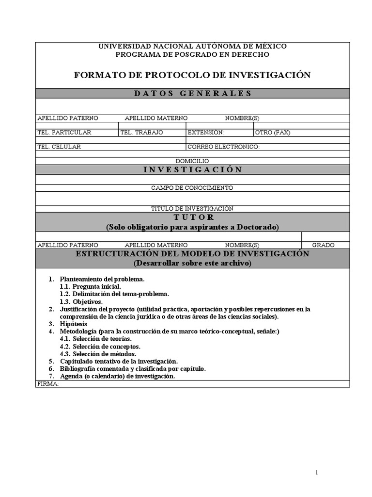 Formato de protocolo de investigación para el Posgrado en Derecho de la Universidad Nacional ...