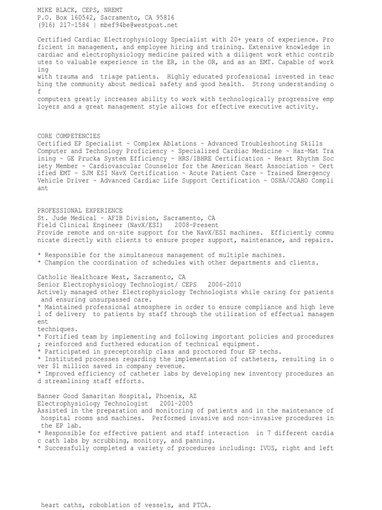 Cardiac Electrophysiology Technician or Electrophysiology Techni | PDF ...