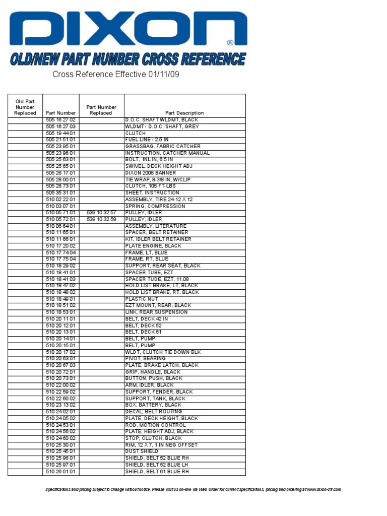 Dixon ZTR Old-New Parts Cross Reference | PDF | Axle | Belt (Mechanical)