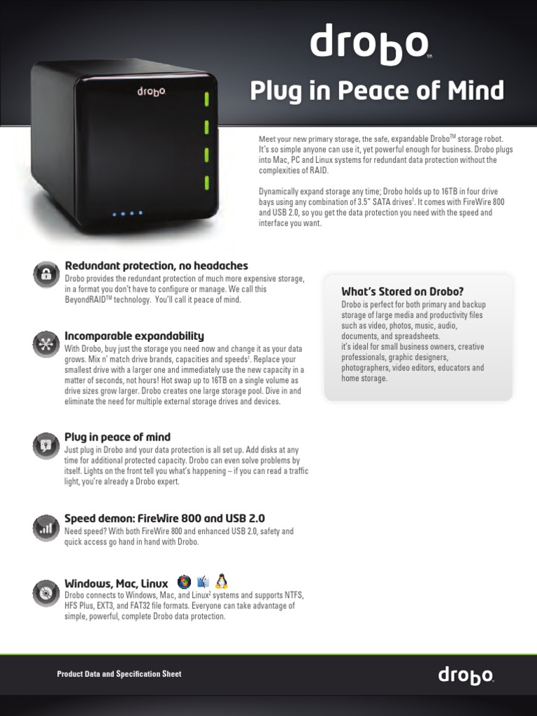 Drobo Data Sheet | PDF | Computer Data Storage | Hard Disk Drive
