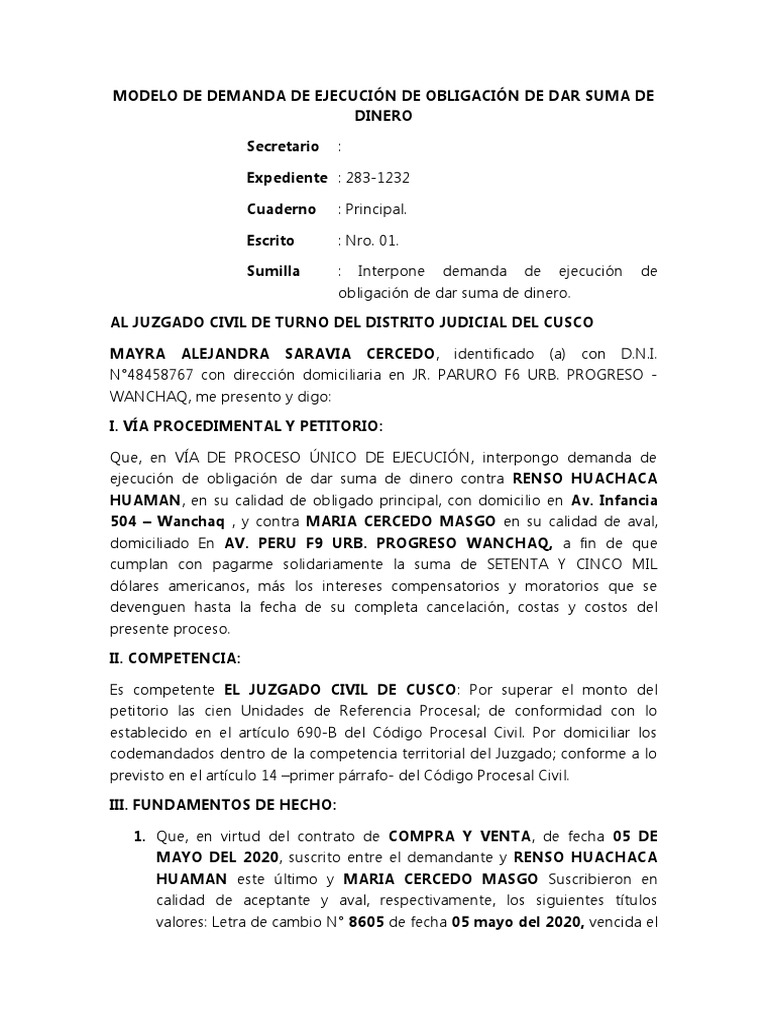 MODELO DE DEMANDA DE EJECUCIÓN DE OBLIGACIÓN DE DAR SUMA DE DINERO | PDF | Pagaré | Ley procesal