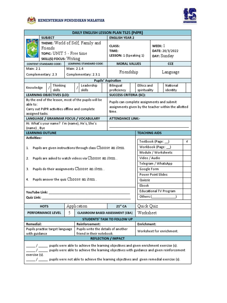 BI YEAR 2 TS25 PDPR (Template) | PDF | Lesson Plan | Learning