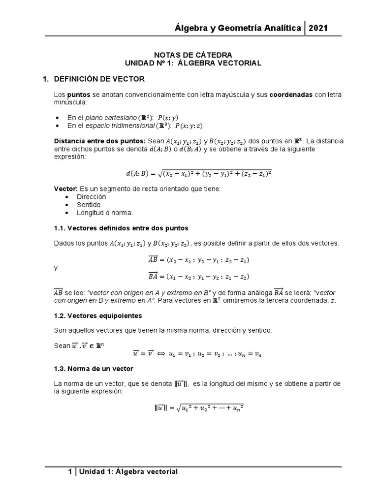 AyGA - 2021 - Unidad N°1 - Álgebra Vectorial | PDF | Vector Euclidiano | Espacio vectorial