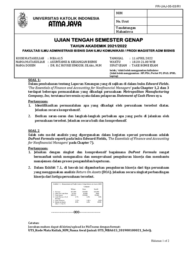 Soal Uts - Mba 615 Akuntansi - Keuangan Bisnis (Genap 21-22) | PDF | Pengelolaan Keuangan & Uang ...