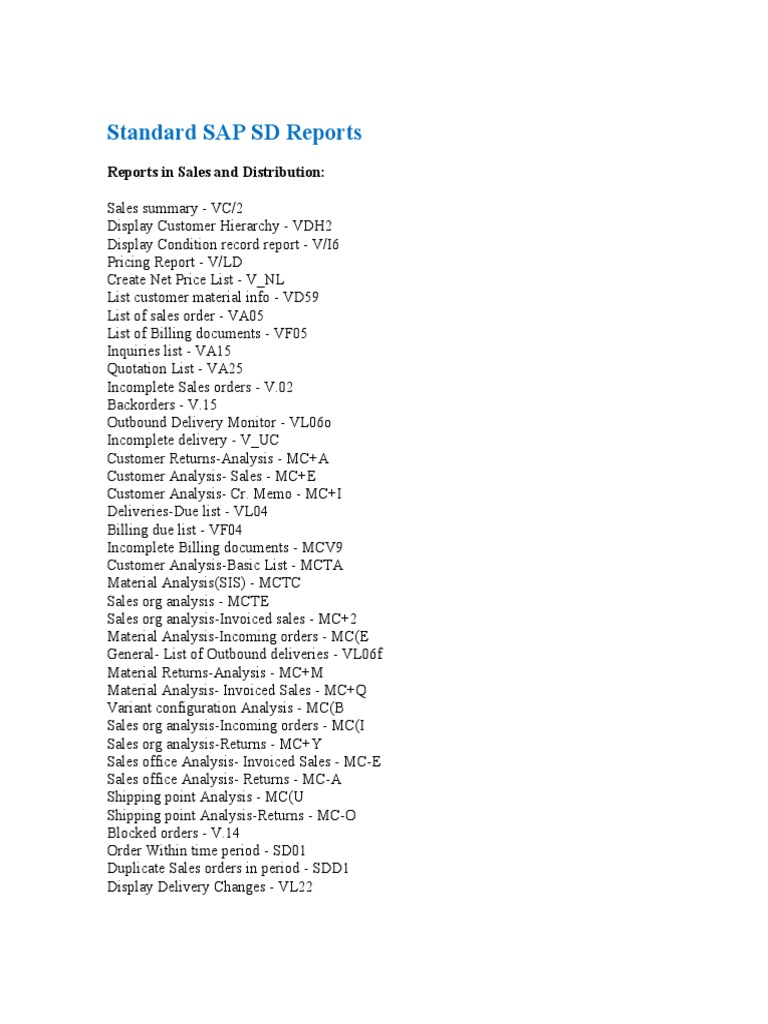 Standard SAP SD Reports | PDF