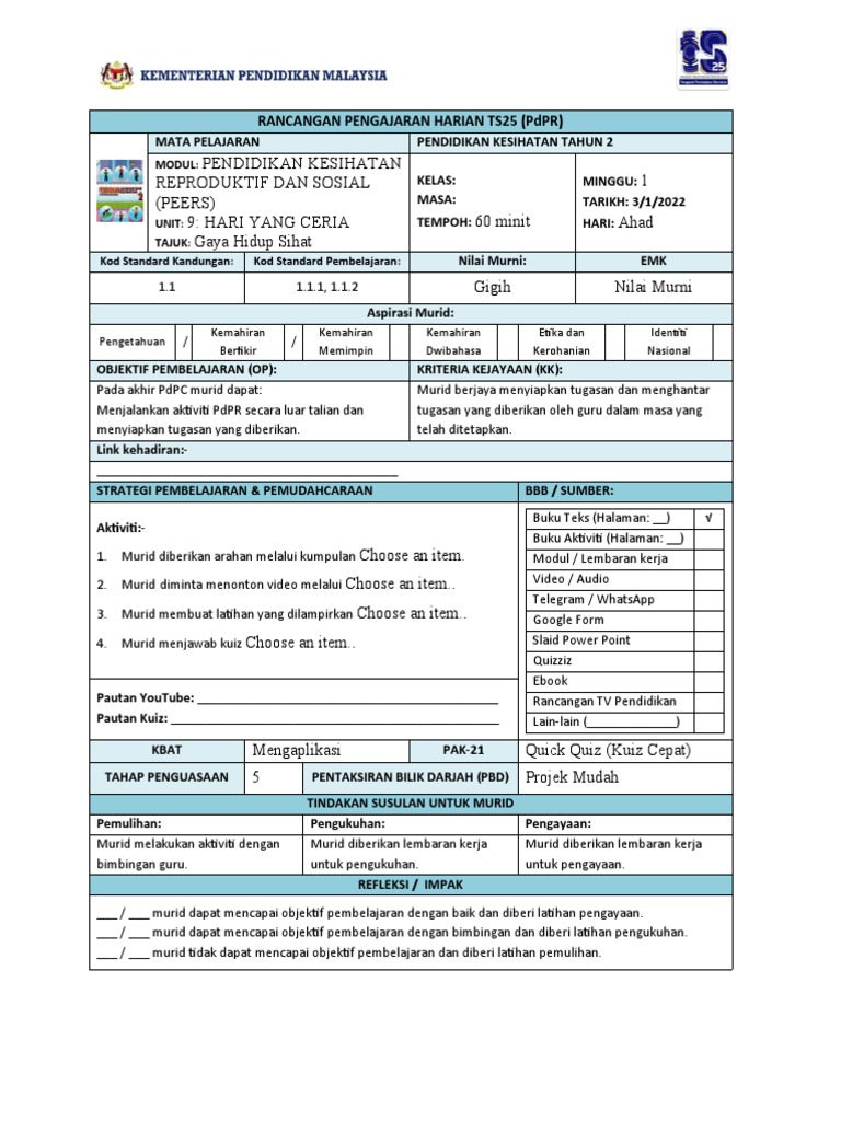 RPH PK THN 2 TS25 PDPR (Template) | PDF
