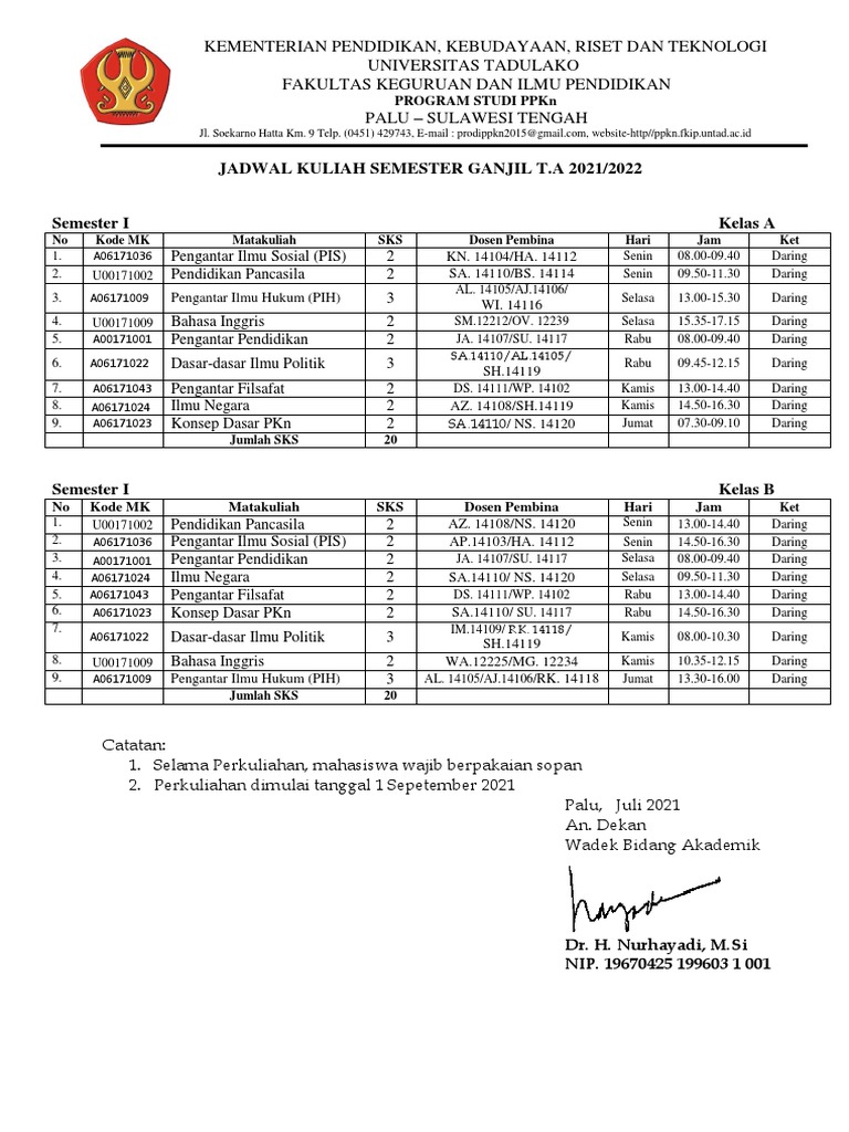 Jadwal Kuliah PPKn Semester Ganjil 2021 | PDF