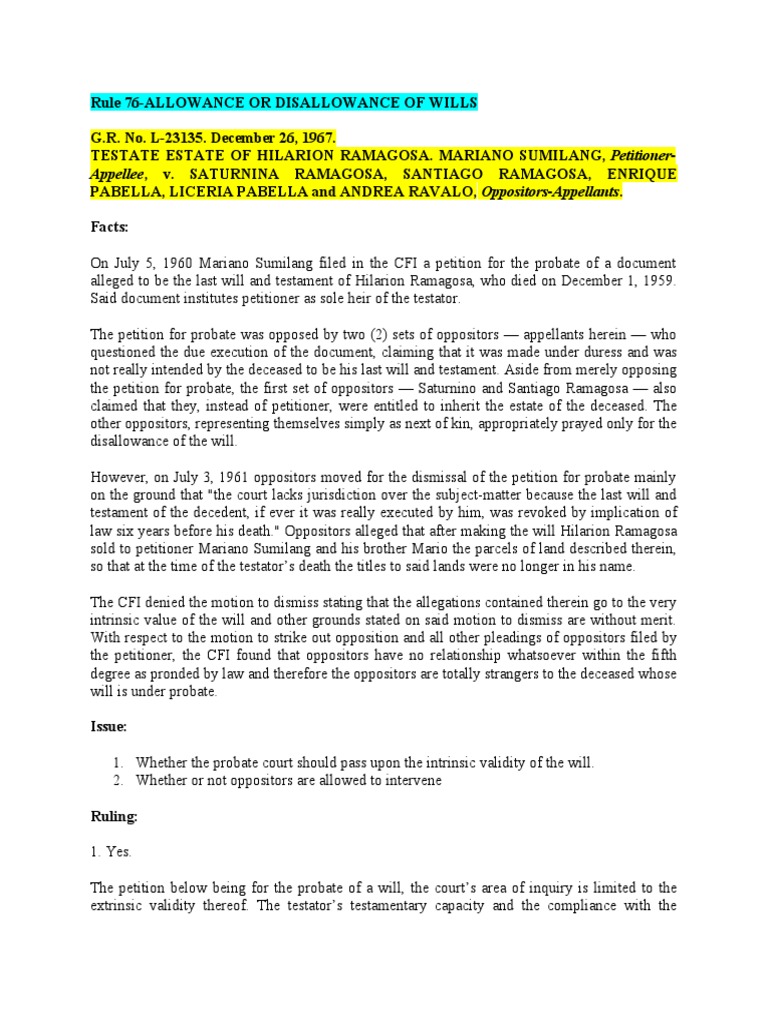 Rule 76 Case Digests | PDF | Will And Testament | Probate