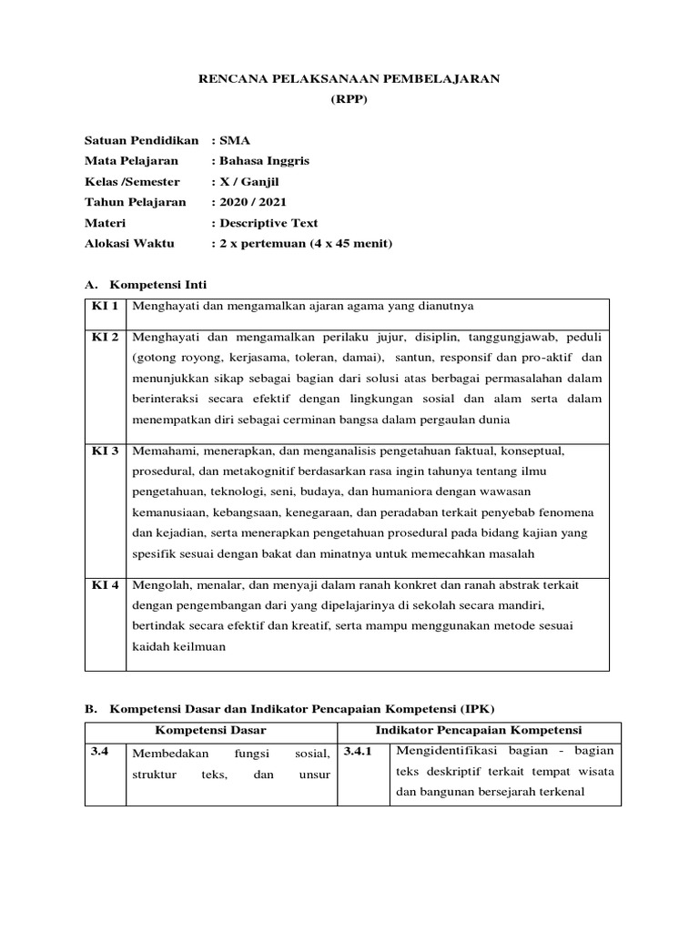 Contoh RPP Descriptive Teks 12 | PDF