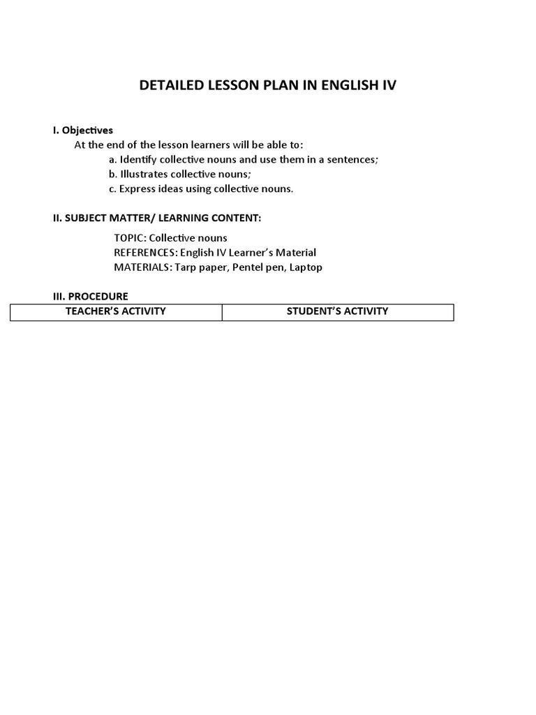 English IV Lesson Plan on Collective Nouns | PDF | Lesson Plan | Cognition