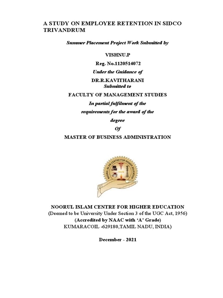 Employee Retention Study in SIDCO | PDF | Master Of Business ...