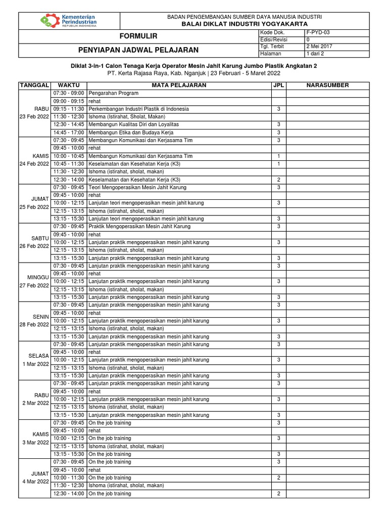Jadwal Operator Mesin Jahit Karung Jumbo Plastik Angkatan 2 | PDF