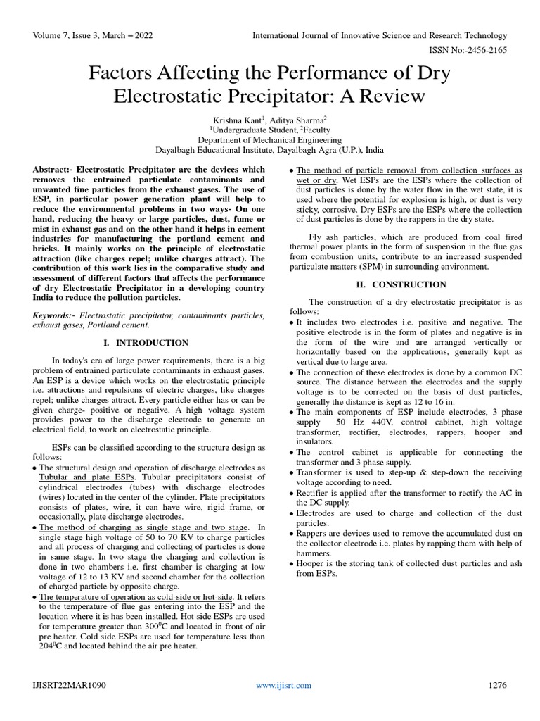 Factors Affecting The Performance of Dry Electrostatic Precipitator A Review | PDF