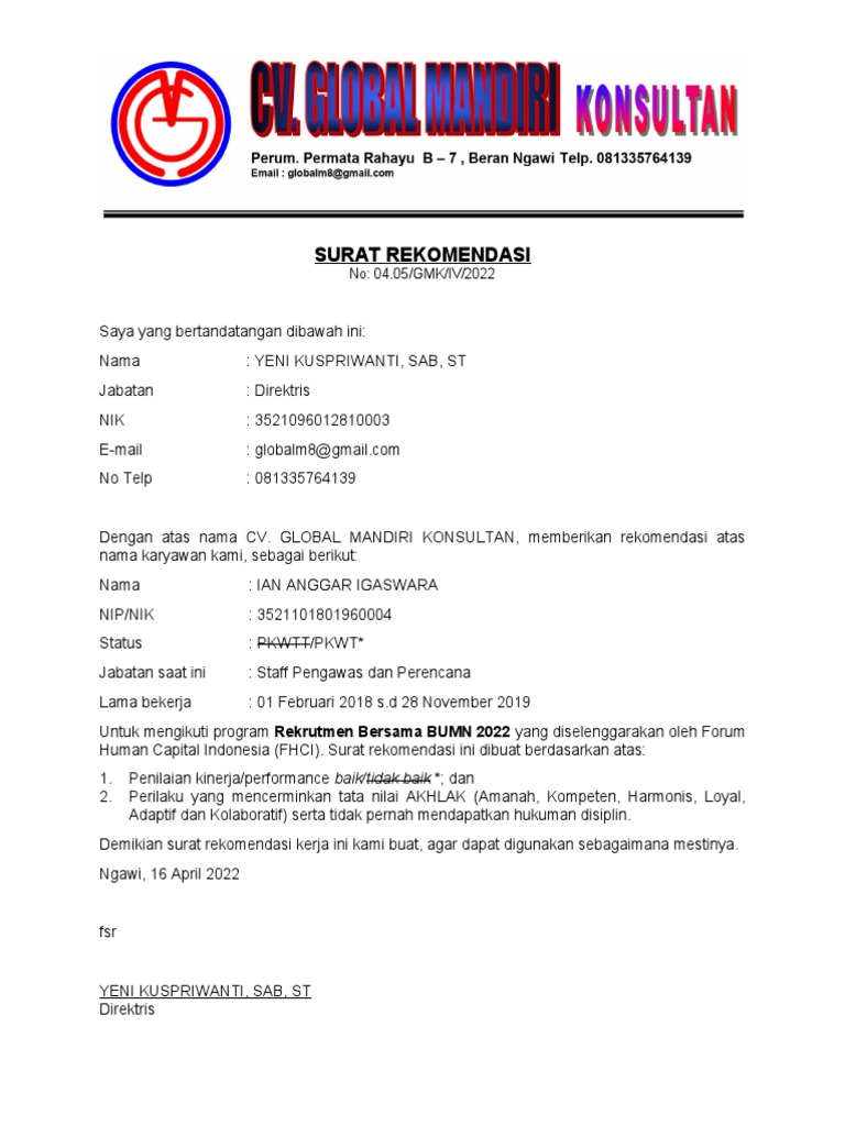 Template Surat Rekomendasi | PDF