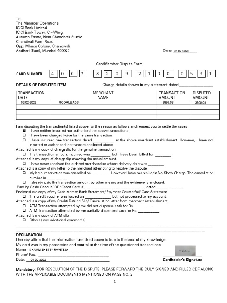 Transaction Dispute Form | PDF | Credit Card | Identity Document