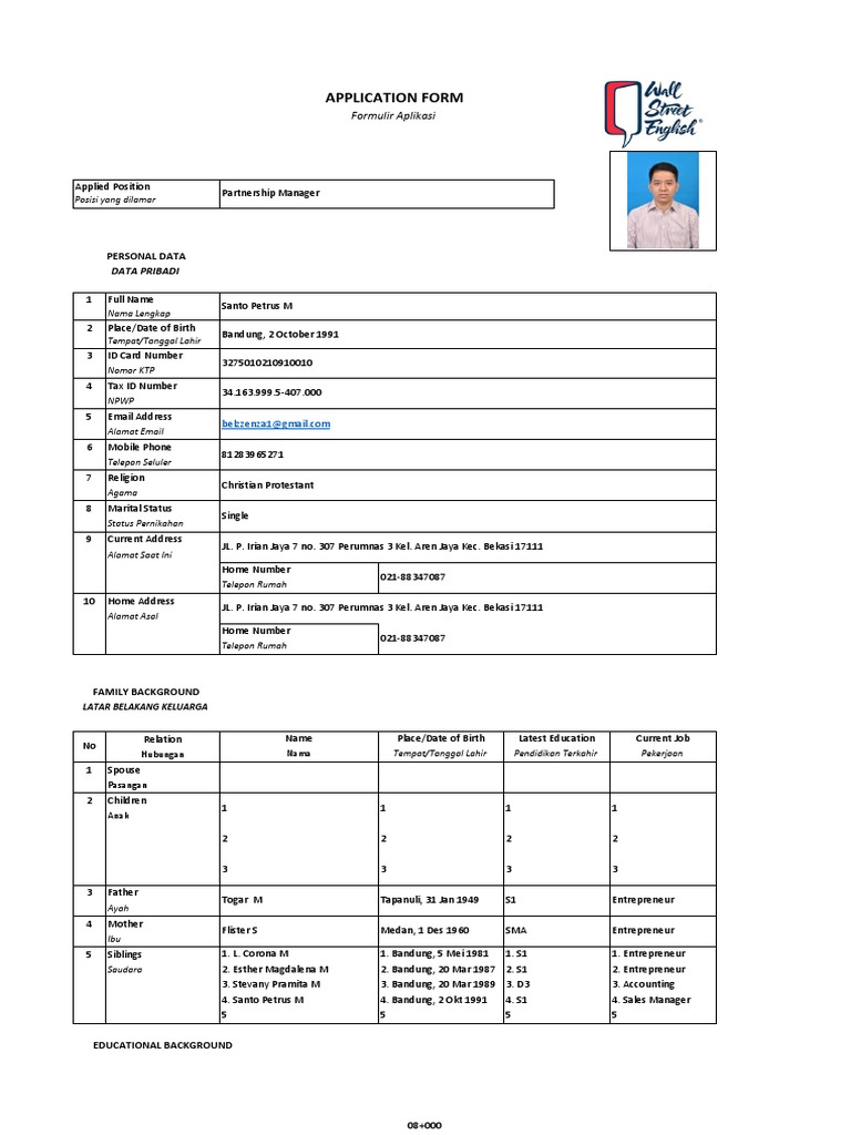 (Master) Application Form Wallstreet English | PDF