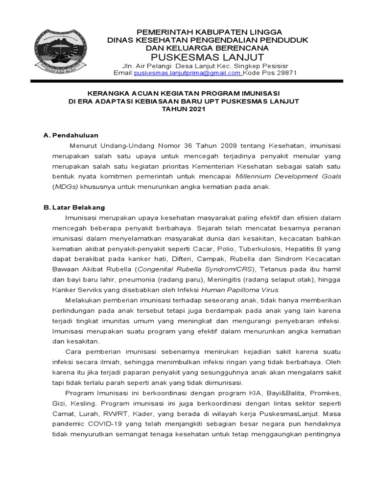 Kerangka Acuan Kerja Program Imunisasi | PDF