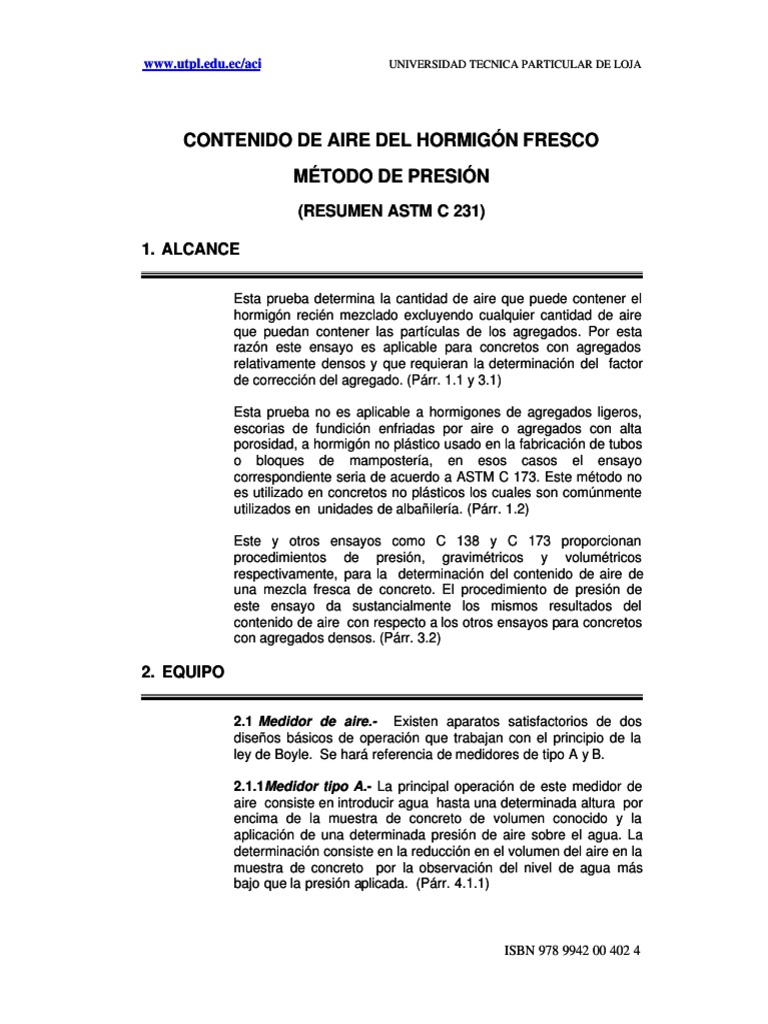ASTM-C231 - Determinación de Aire Método de Presión | PDF | Hormigón ...